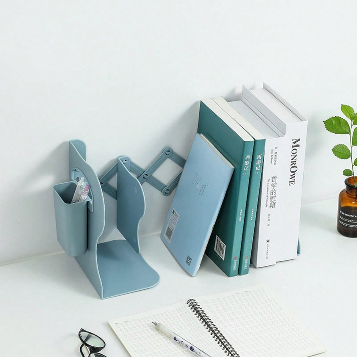 1pc Retractable Bookend With Pen Holder, Desk Book Storage Rack ...