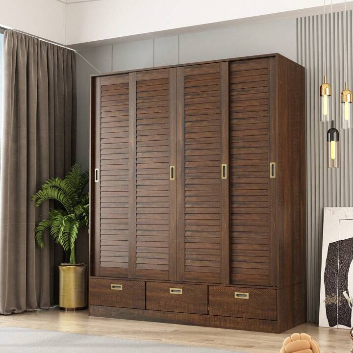 Large Wardrobe Armoire with 4 Sliding Doors 3 Drawers Storage Shelves Wooden Closet Storage Cabinet for Bedroom Brown 59.1 W x 20.9 D x 70.9 H