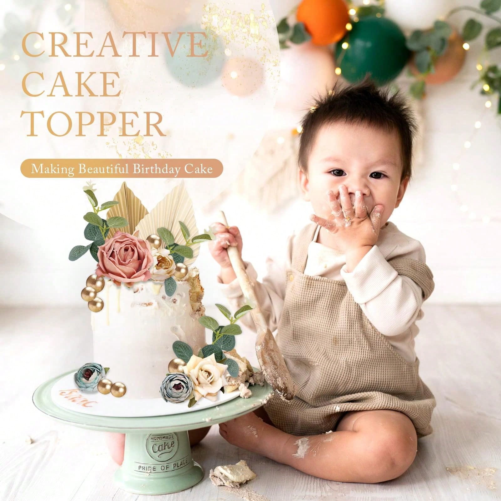 24pcs Cake Decorations Set, Birthday Cake Topper, Artificial Flower & Palm Leaf Cake Topper ...