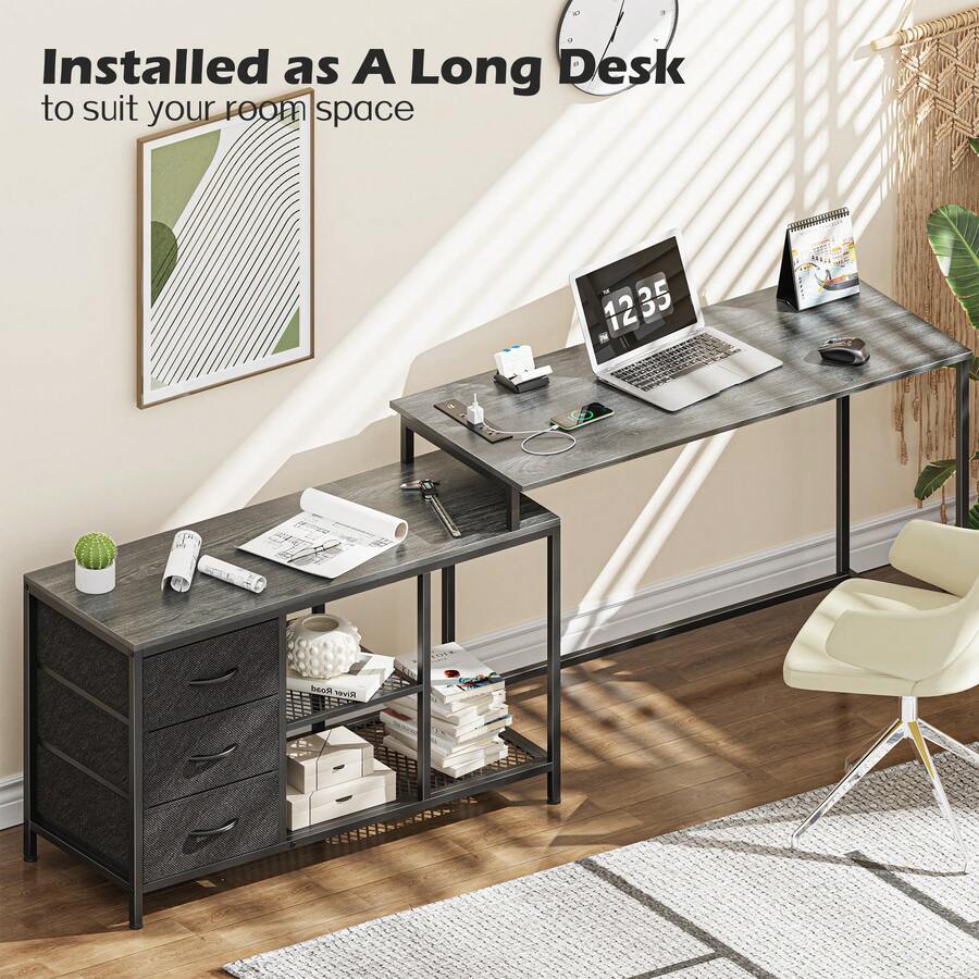 L Shaped Desk with Power Outlets, Computer Desk with Drawers & Shelves ...