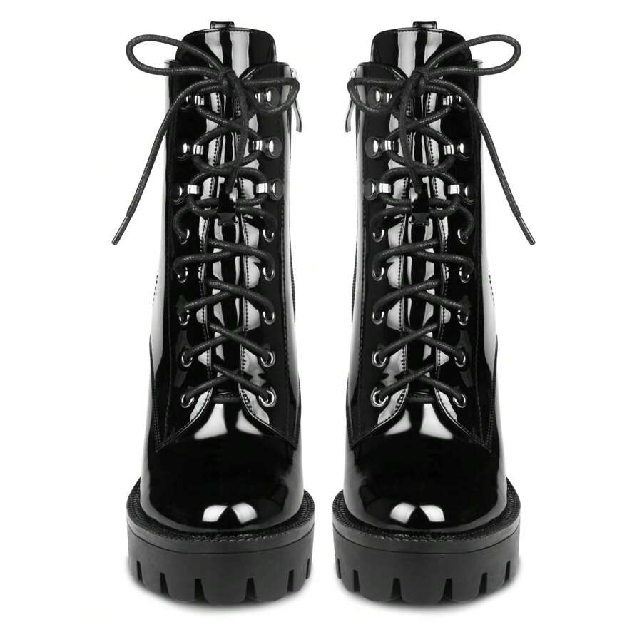 ISNOM Platform Boots For Women, Heeled Combat Boots Chunky Heel Booties ...