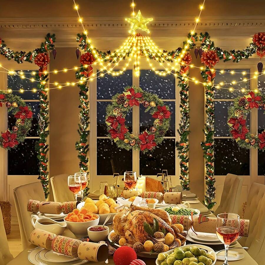 1pc Outdoor Decorations Star String Light, USB Power 8 Modes Waterfall Tree Lights With Topper ...