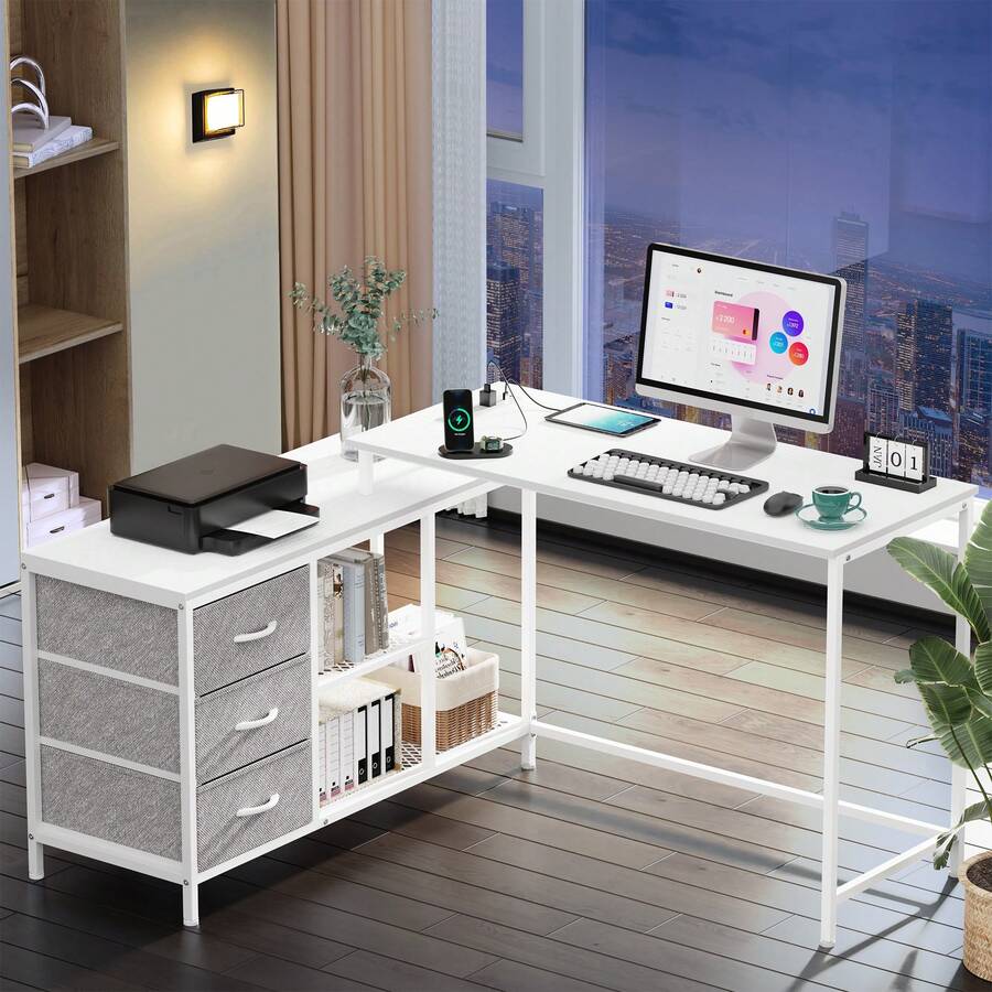 L Shaped Desk with Power Outlets, Computer Desk with Drawers & Shelves ...