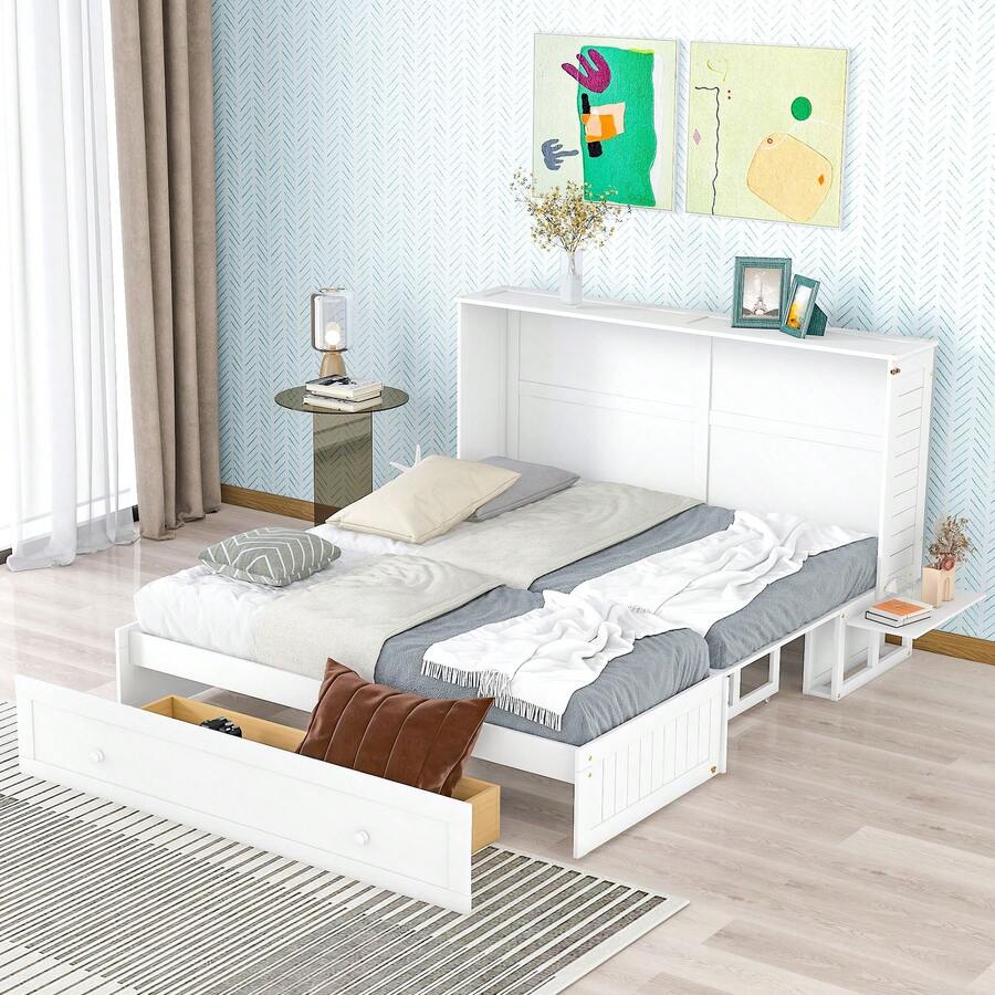 Nestfair White Queen Size Mobile Murphy Bed with Drawer and Shelves ...