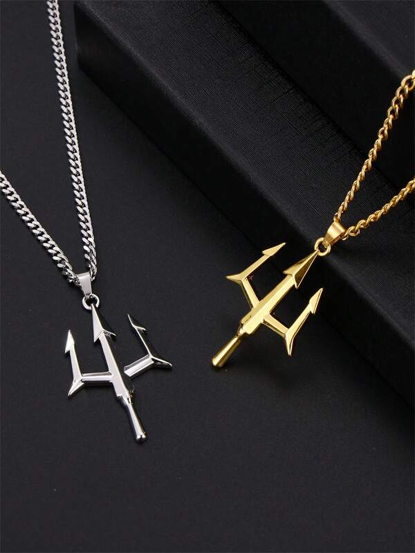 1pc Simple Style Stainless Steel Trident Shaped Pendant Necklace With ...