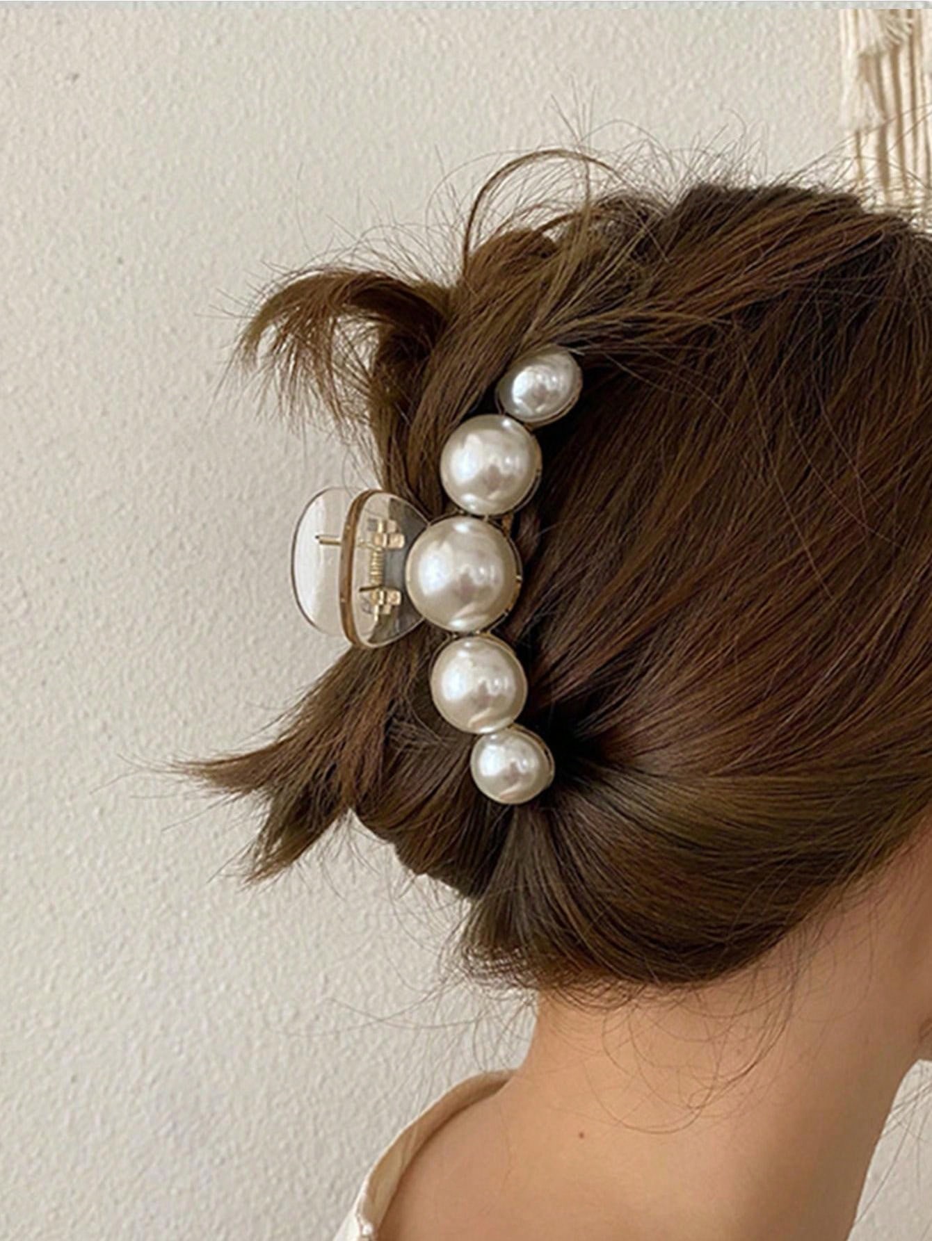 1pc Ladies' Apricot Faux Pearl Decor Hair Clamp With Shark Teeth Shape ...