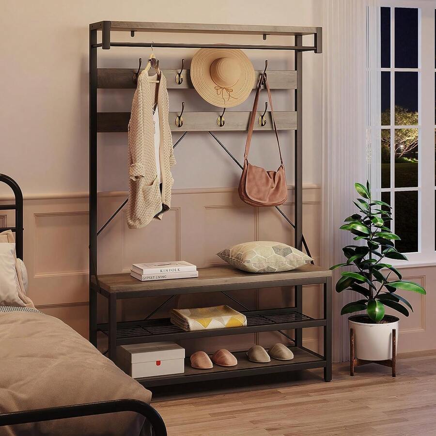 Coat Rack Shoe Bench Industrial Hall Tree Storage Bench For Entryway ...