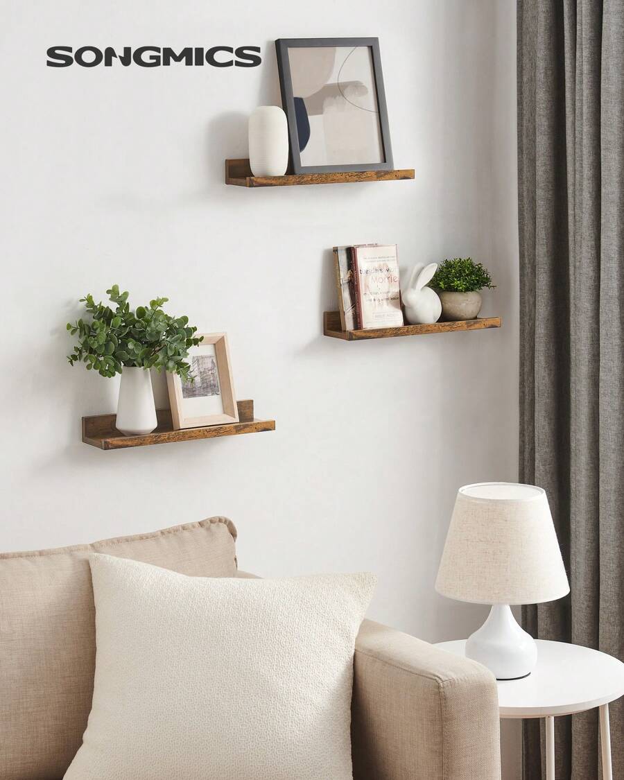 SONGMICS Floating Shelves, Set Of 3 Wall Shelves, For Photo Frames And ...