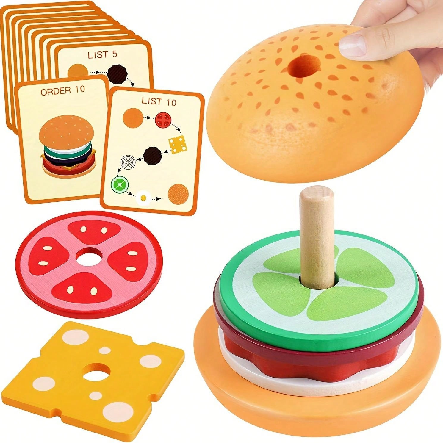 Kids' Hamburger Matching Stacking Blocks Set With Cards, Montessori ...