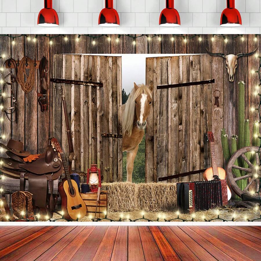1pc 7*5/5*3ft Barn & Horse Backdrop With Haystack, Barn Door And Cowboy ...