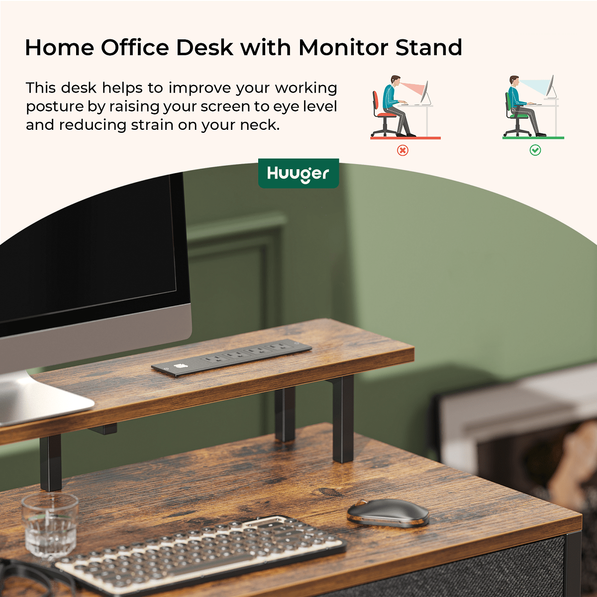 Huuger 47 inch Computer Desk with 3 Drawers, LED Lights & Power Outlets ...