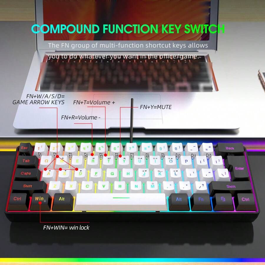 HXSJ HXSJ 1pc 61-key Membrane Wired Keyboard With Detachable Cable ...