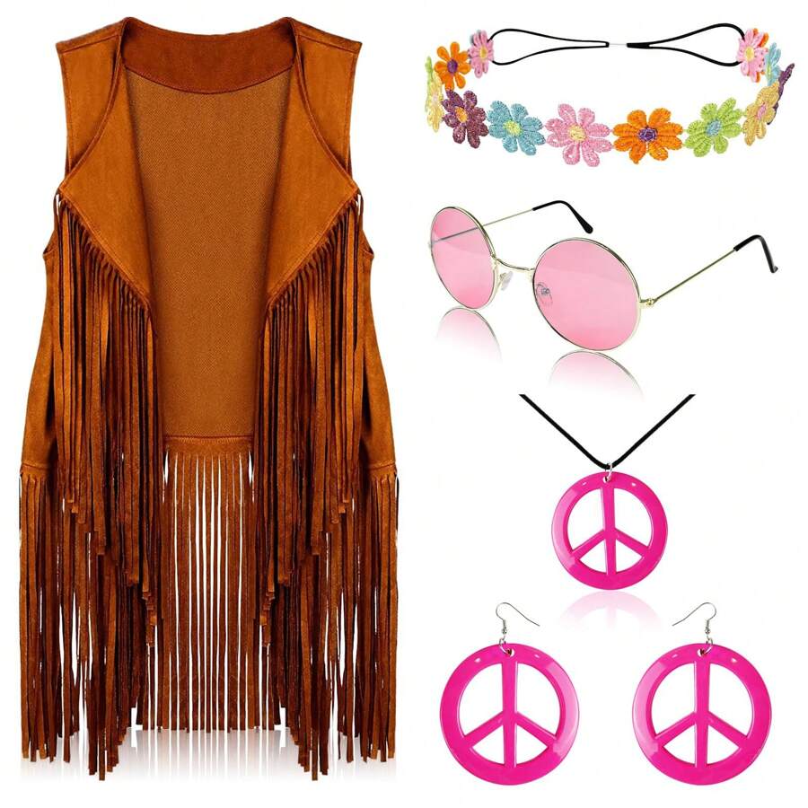 6 Pieces 60s 70s Outfits for Women Hippie Costume Set Fringe Vest Peace Sign Earring Headband ...
