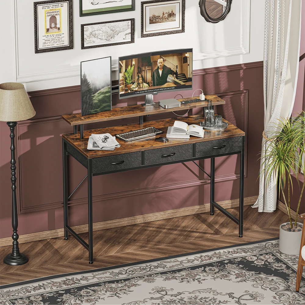 Huuger 47 Inch Computer Desk With 3 Drawers, LED Lights & Power Outlets ...