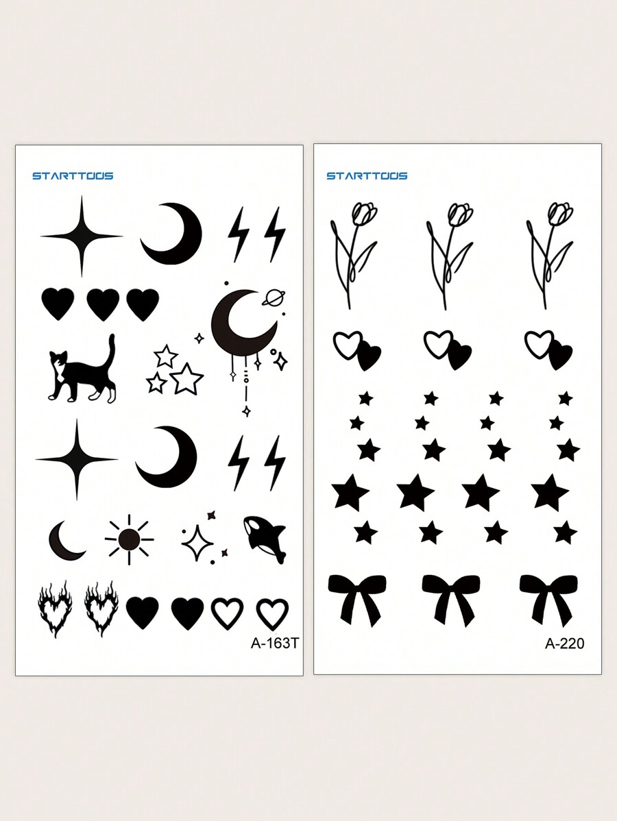 قطعتين ملصق وشم مؤقت على شكل قلب أسود، هلال، فيونكة، نجمة للإصبع، الأذن ...