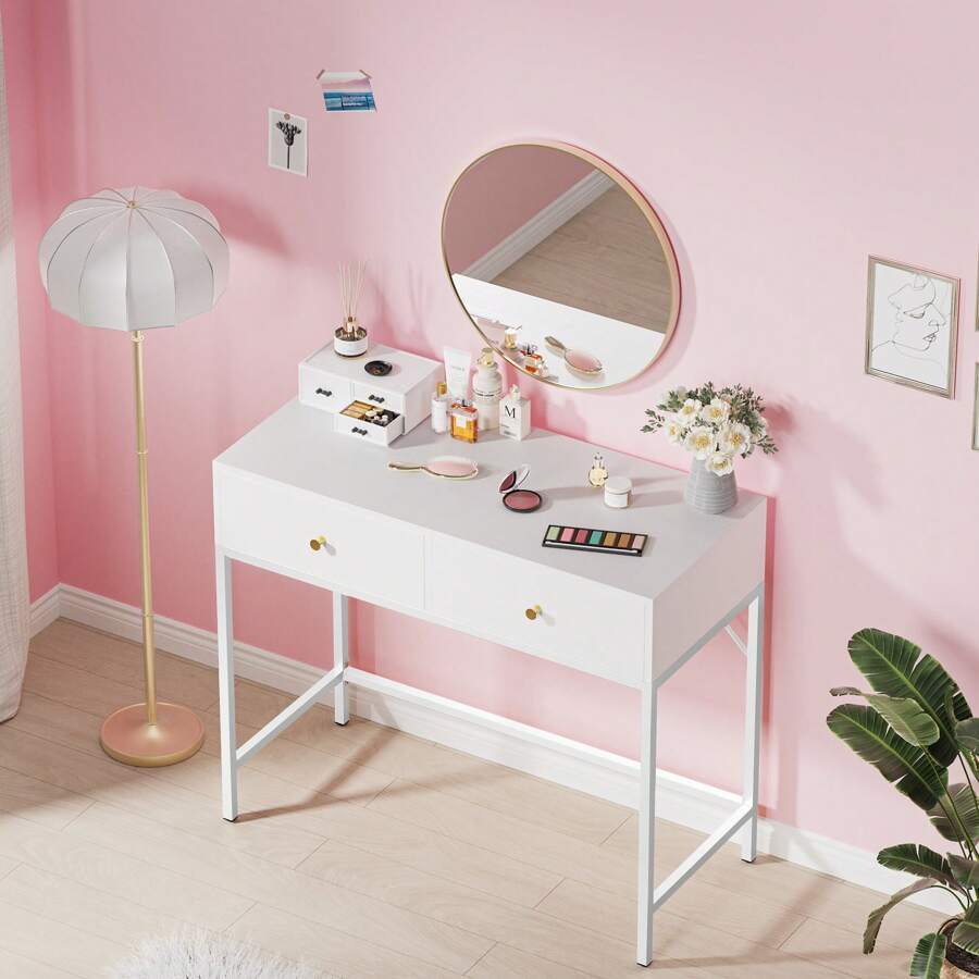 SUPERJARE Vanity Desk with 2 Drawers, Makeup Table with Golden Legs ...