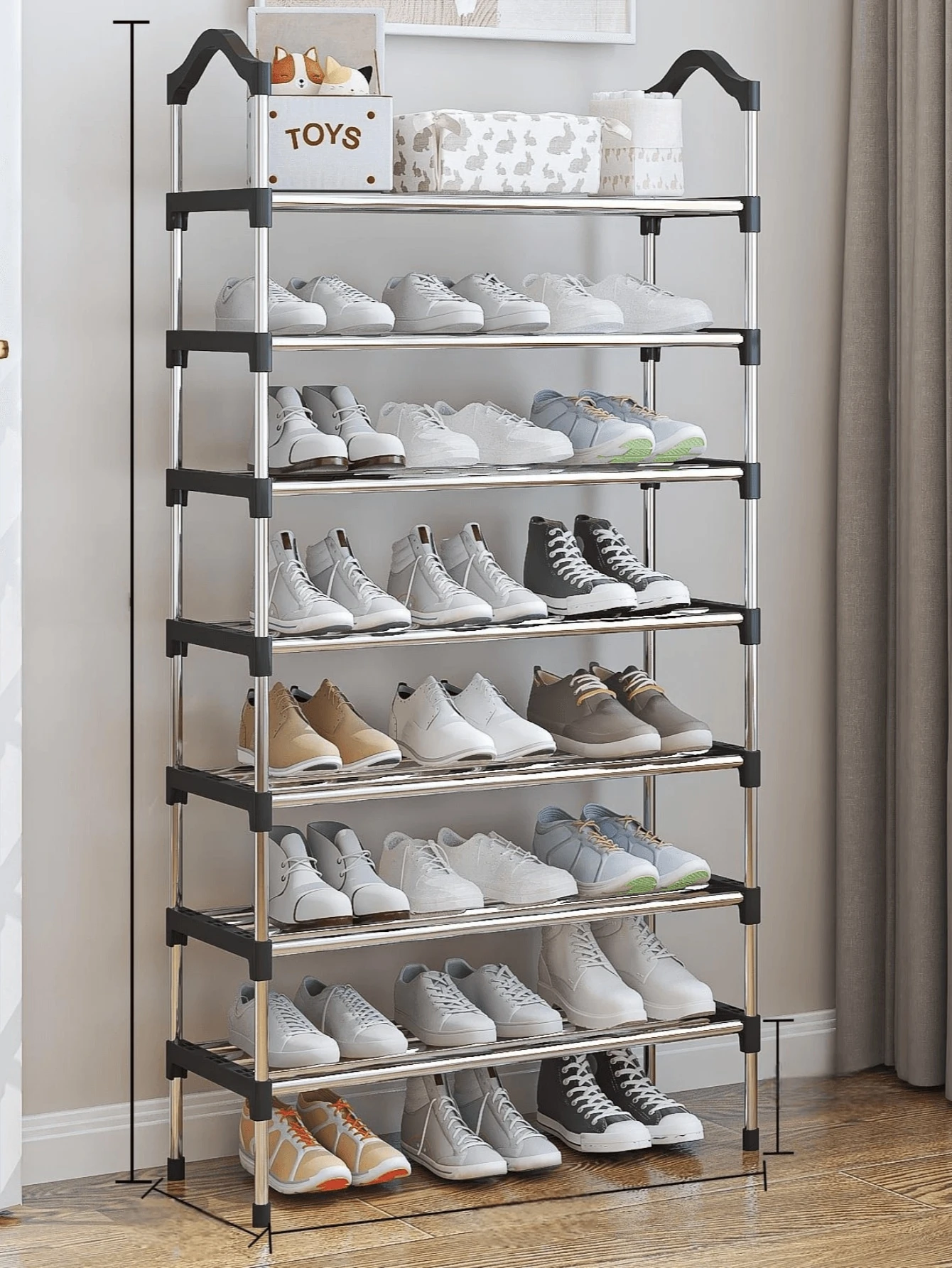 A Black Triangle Handrail Shoe Rack Packed In A Carton Box, With 7 ...