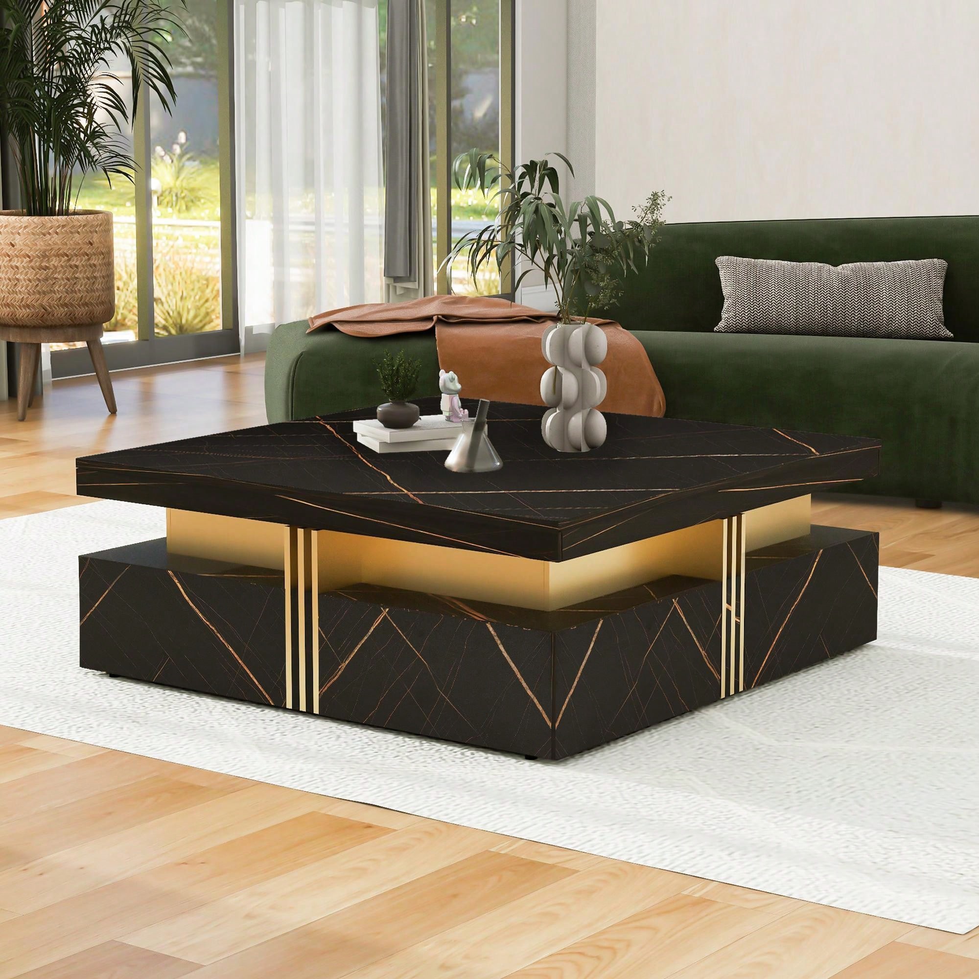 Merax Modern Black Square Storage Coffee Table With 4 Drawers, Wood ...