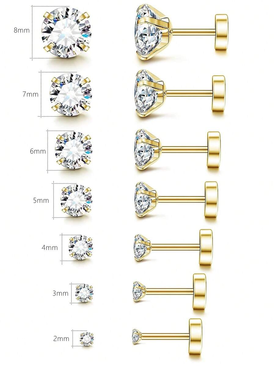 7 Pairs Flat Back Stud Earrings for Women, 14K Plated Tiny Stud ...
