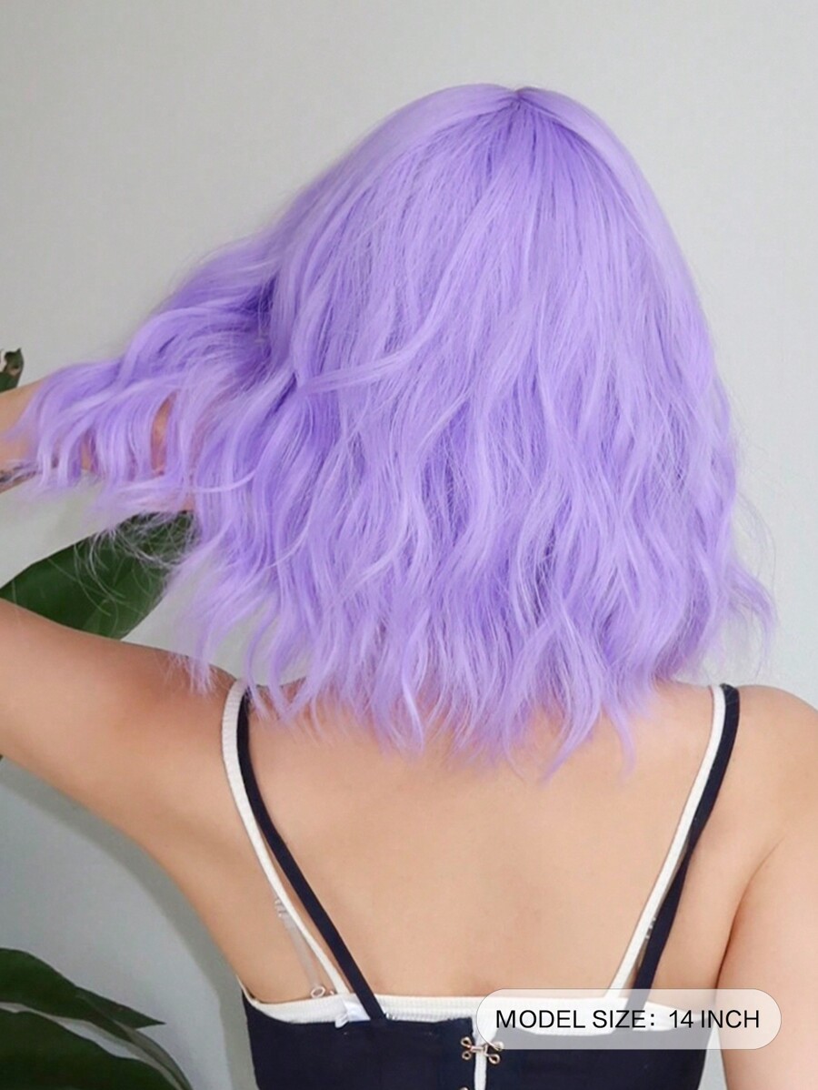 14 Inch Purple Wavy Synthetic Wig With Bangs Short Bob Purple Wigs ...
