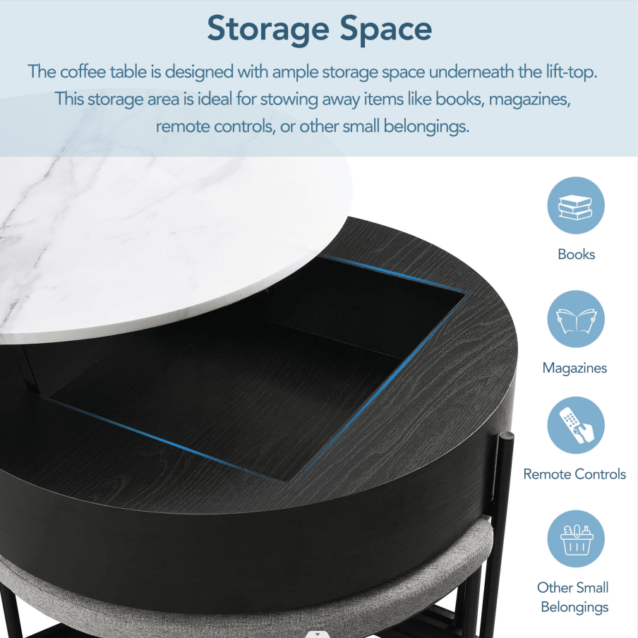 Merax Modern Round Lift-Top Coffee Table with Storage & 3 Ottoman White ...