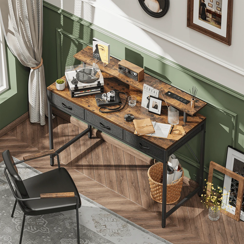 Huuger 47 Inch Computer Desk With 3 Drawers, LED Lights & Power Outlets ...