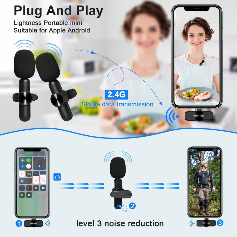 Wireless Lavalier Microphone Plug and Play 2.4G Mini Microphone DSP Intelligent Noise Reduction ...