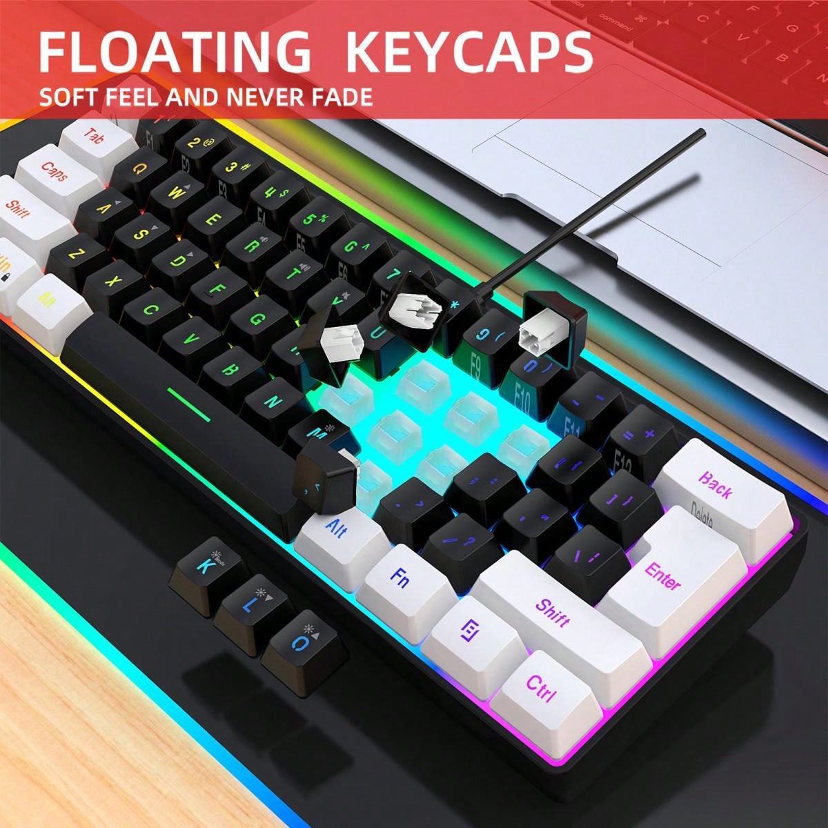 HXSJ 60% Wired Gaming Keyboard, 61Keys Small RGB Backlight Membrane Gaming Keyboard, Ultra ...