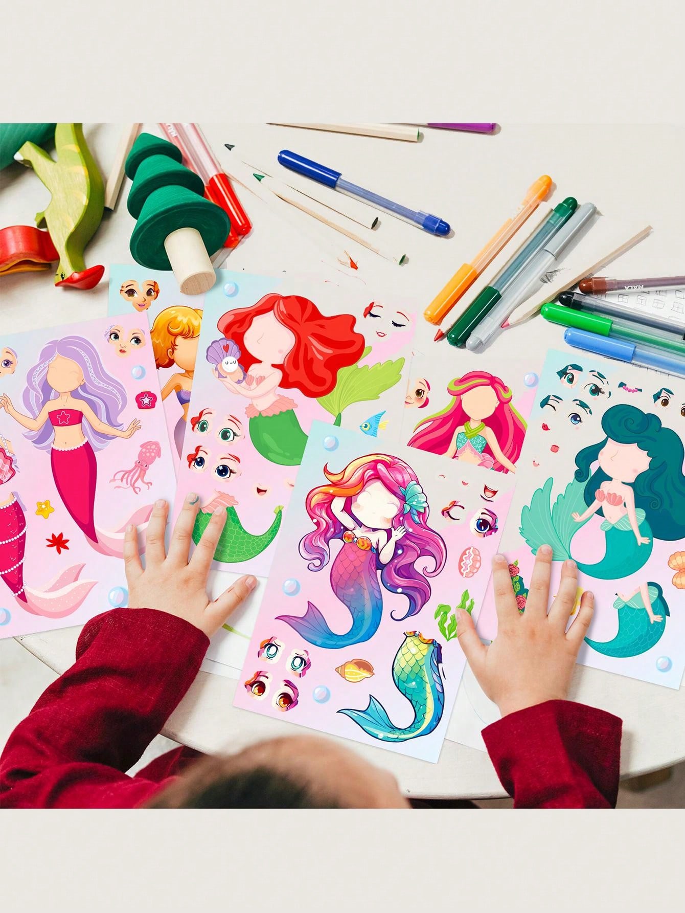 1pack 6pcs Mermaid Face Swap Stickers, Mermaid Princess Themed Cartoon ...