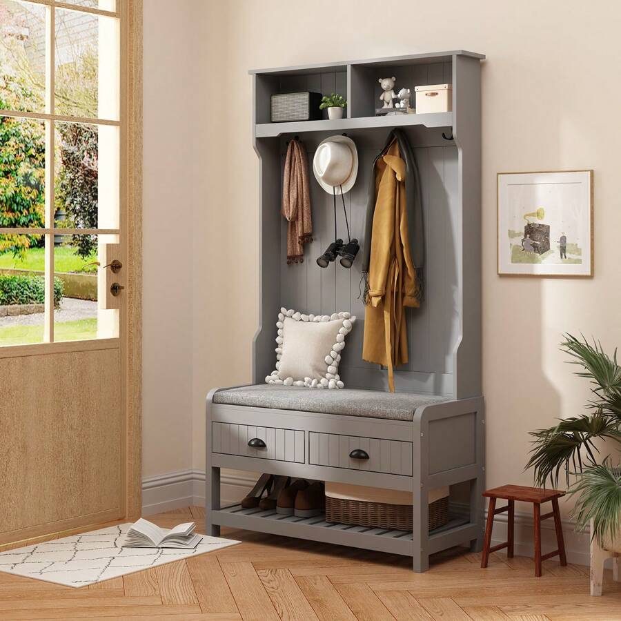 Modern Hall Tree with Storage Bench, 4-in-1 Entryway Bench with Coat ...
