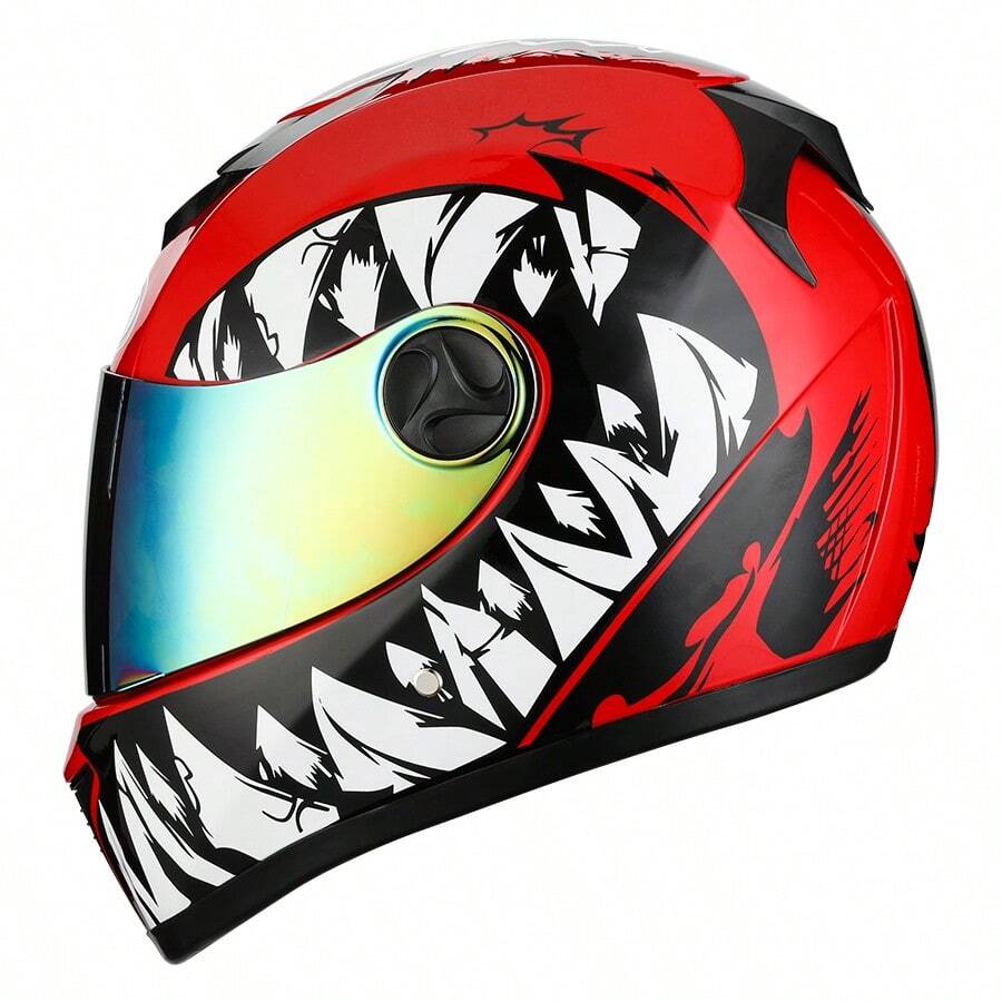 Full Face Motorcycle Helmet With Built-In Visor, Bright Red Floral ...