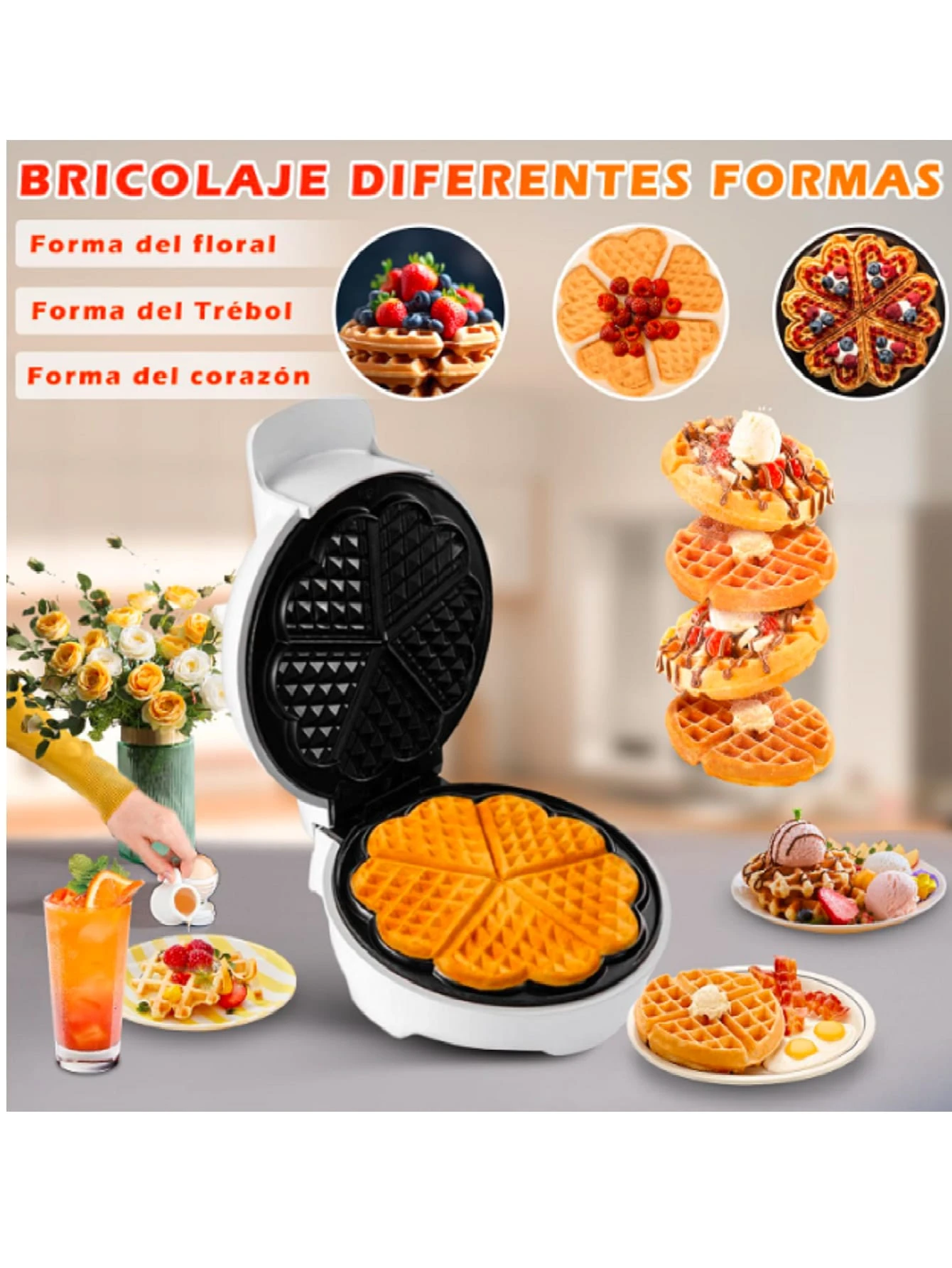 waflera para hacer 5 waffles en forma de corazon, doble cara antiadherente, con fácil limpieza ...