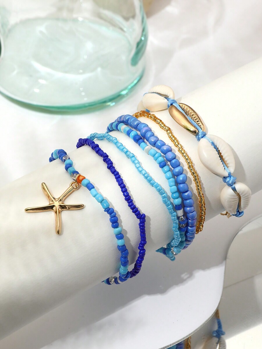 7pcs Bohemian Style Cowrie Shell & Rice Bead Bracelets With Starfish ...