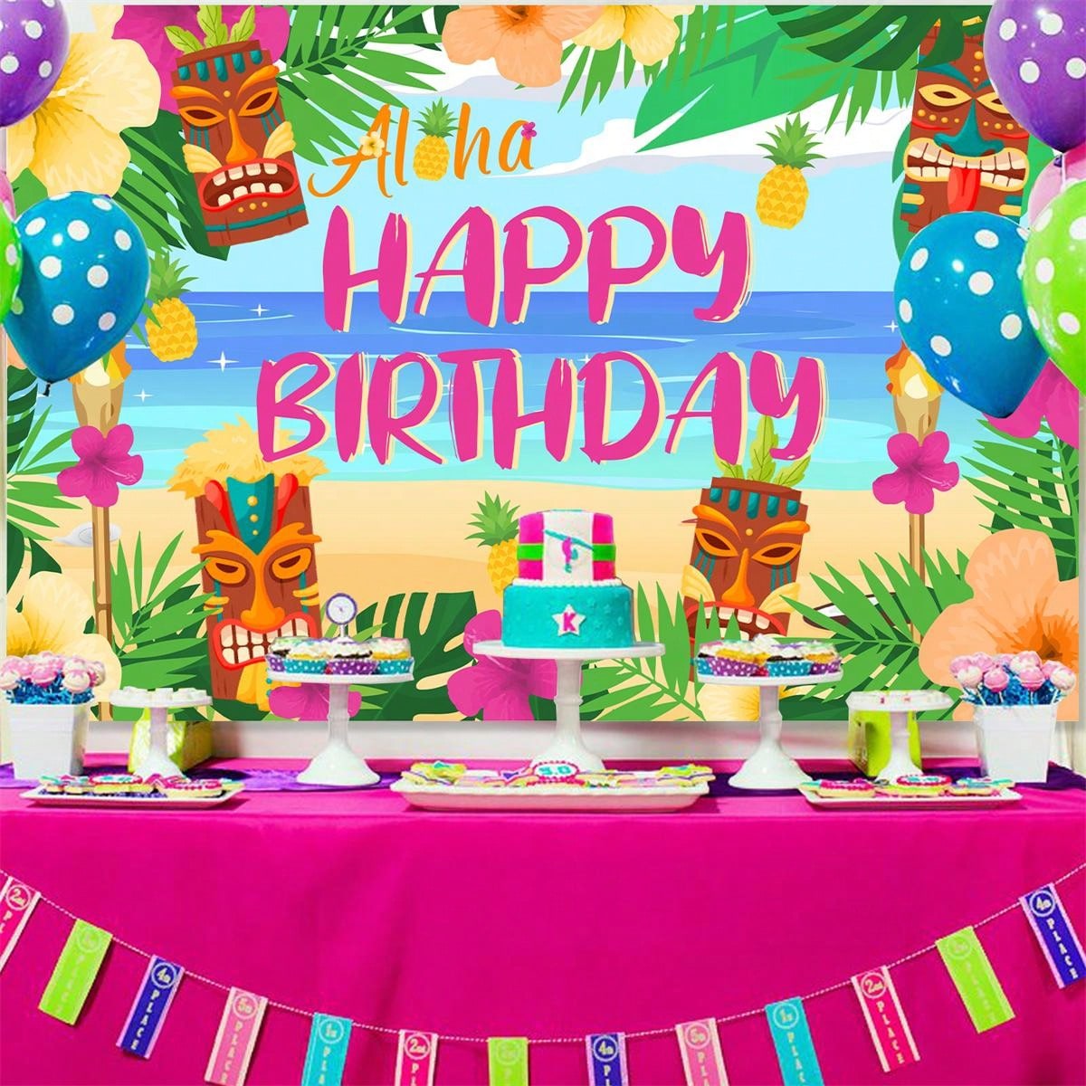 1Pc Summer Themed Happy Birthday Backdrop Banner, Aloha Happy Birthday ...