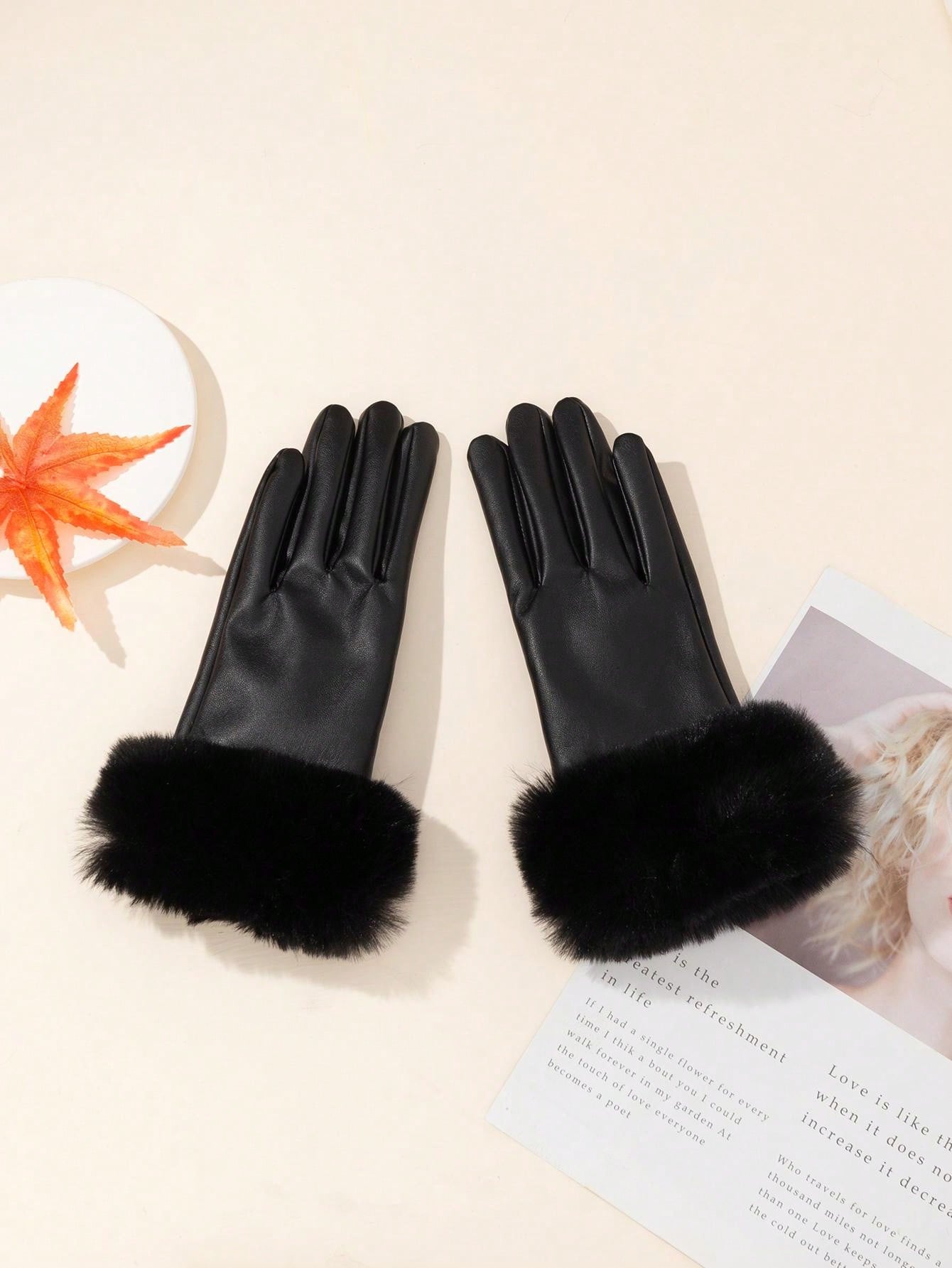 Fuzzy Trim PU Polyurethane Gloves | SHEIN UK