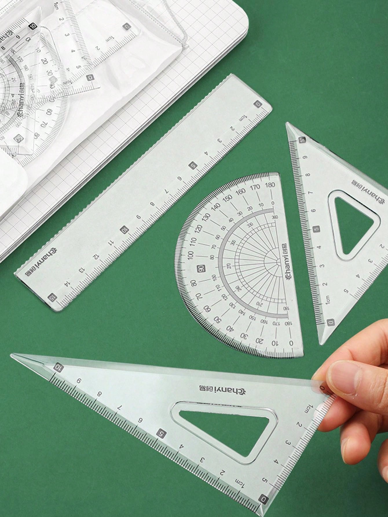 4pcs/set 15cm Clear Plastic Ruler, Protractor, Triangle And Wave Shaped ...