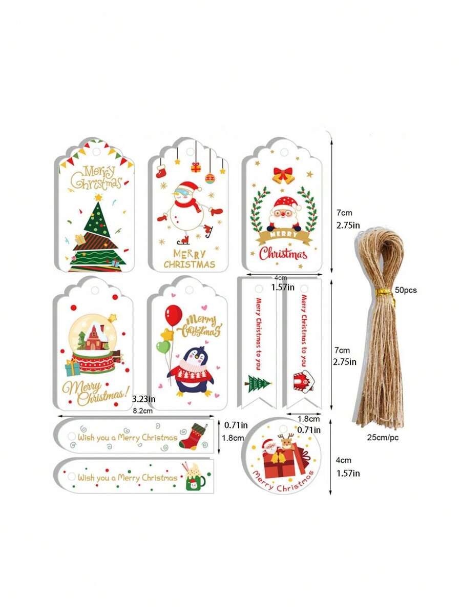 Christmas Gift Tags With Strings, 50pcs/pack Assorted Christmas Theme ...