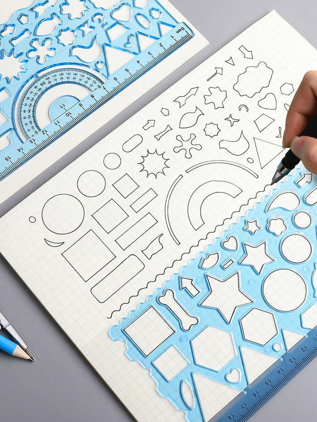 Multifunctional Ruler + Geometric Shape Template Set For Students To ...