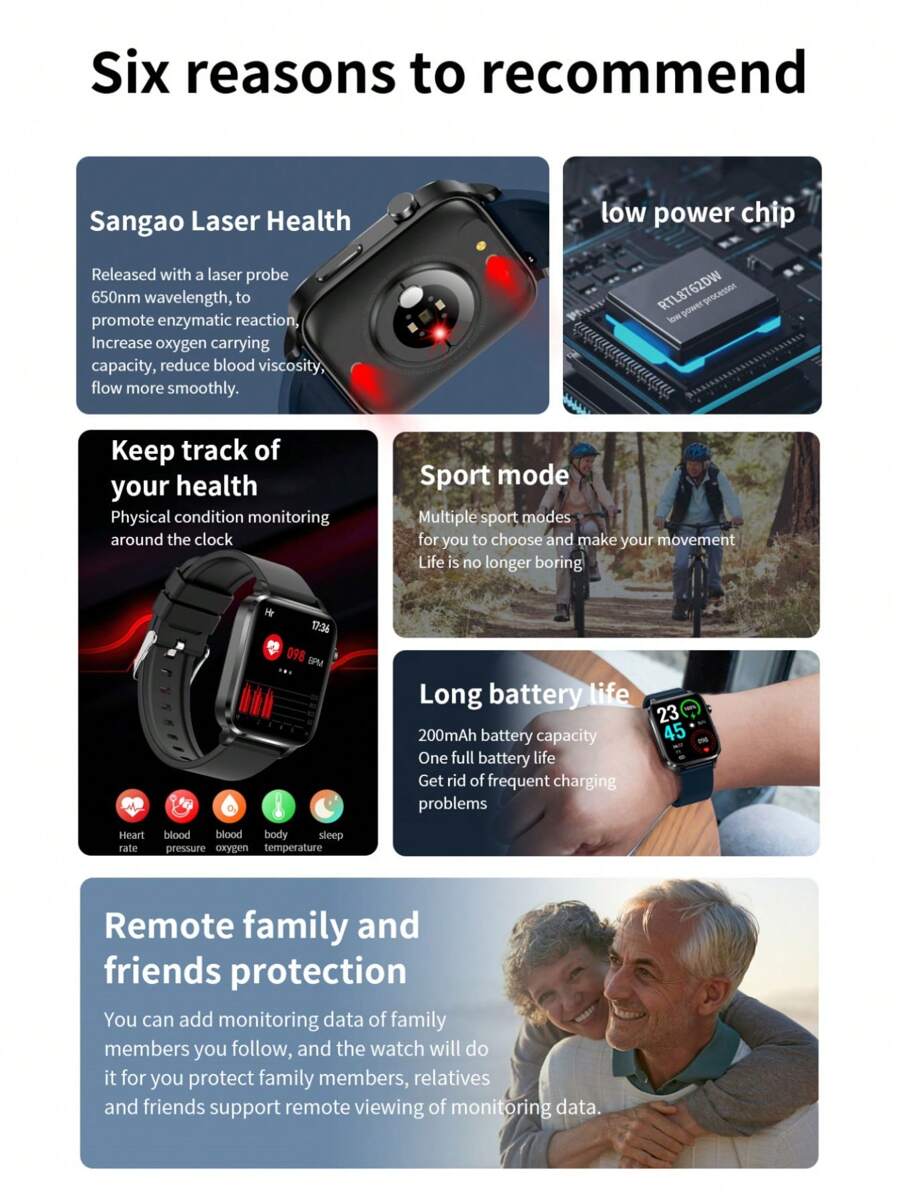 LORDWEY F100 Smart Watch 1.7inch Laser Body Temperature Blood Glucose ...