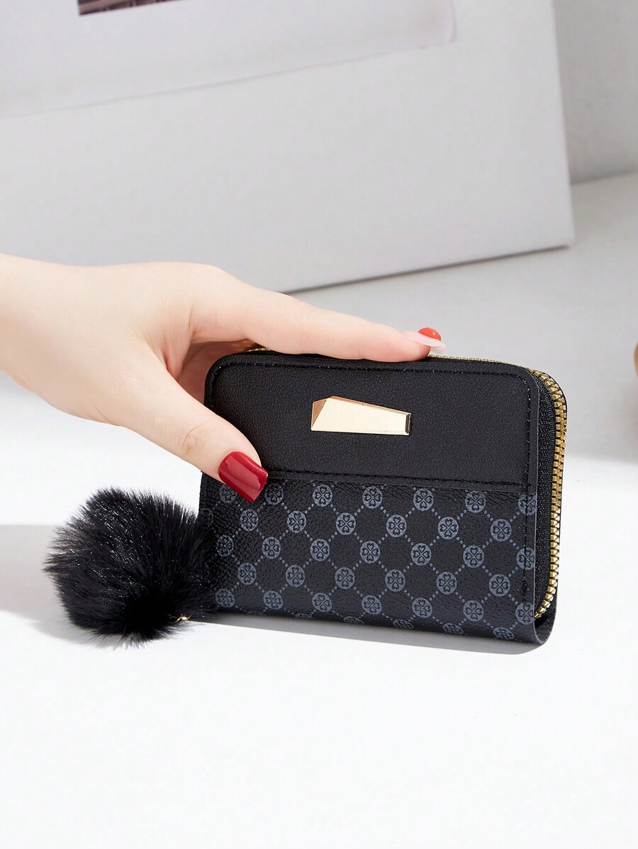 Geometric Pattern Women's Short Wallet With Pom Pom Decorated Zipper ...