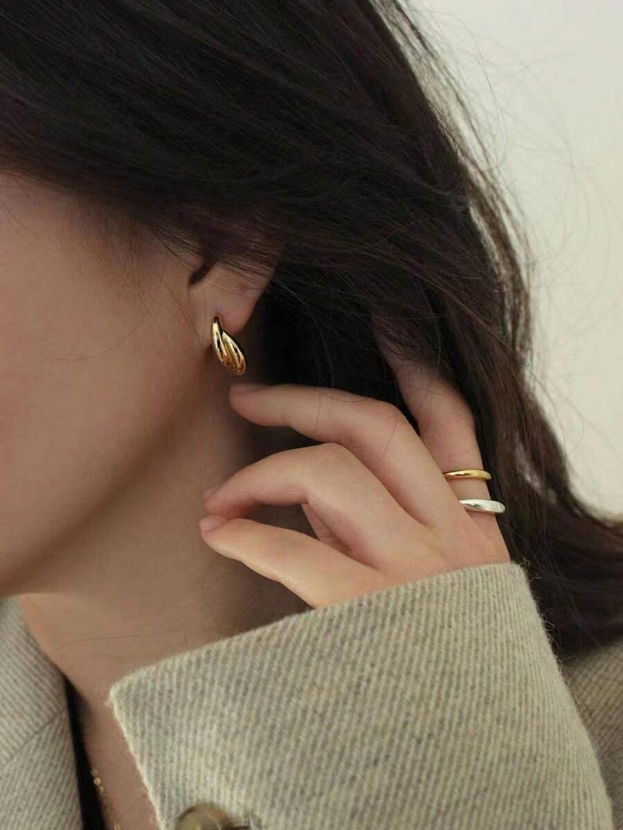 925 Sterling Silver Textured Gold Earrings Korean New Fashion Metallic ...