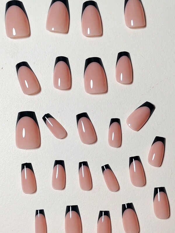 24pcs Short Coffin-shaped False Nails Art Set (french Style With Black ...