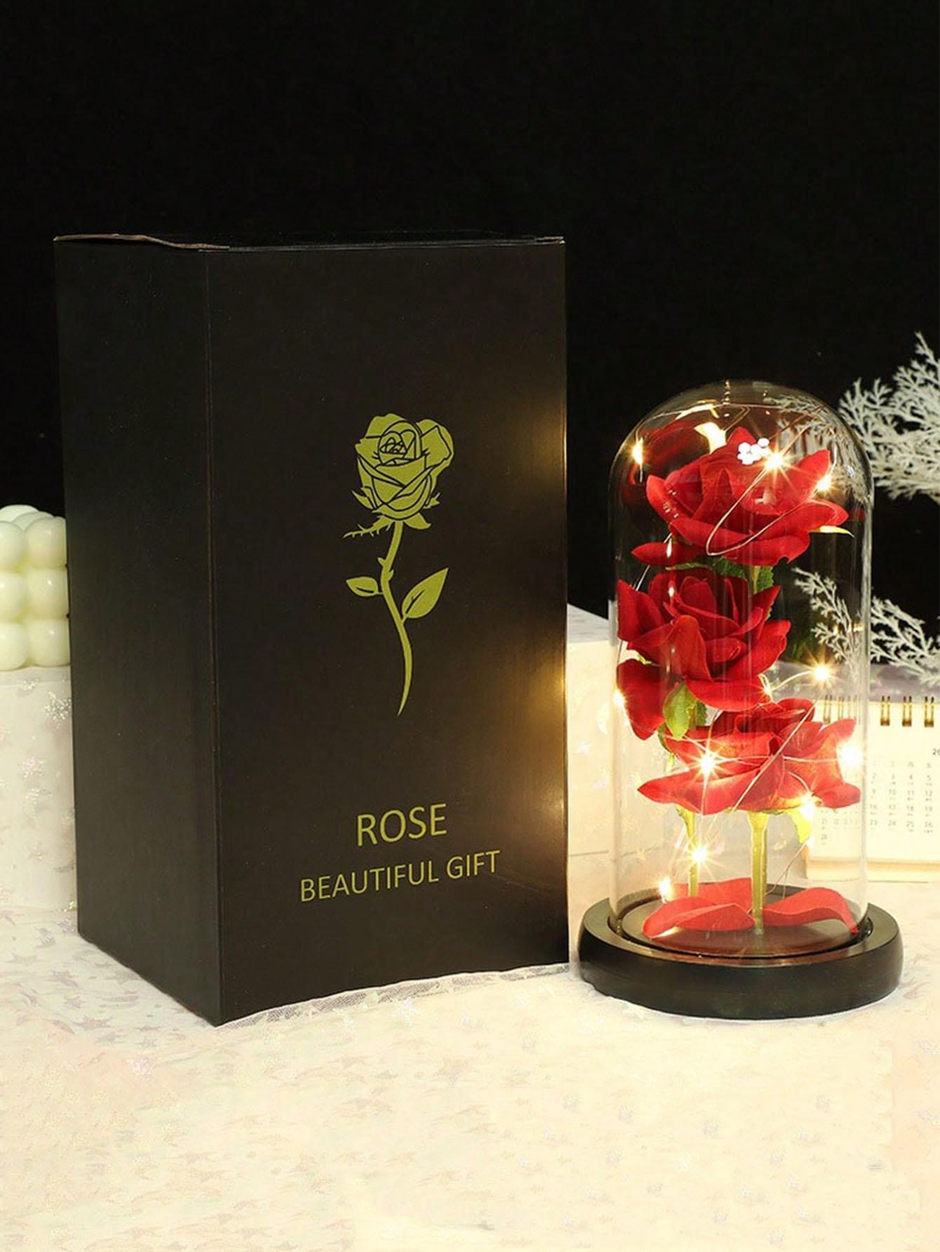 1pc Christmas Gift Box Artificial Rose With Glass Cover Eternal Love ...