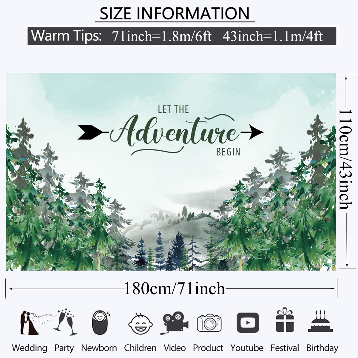 6x4ft Adventure Awaits Baby Shower Backdrop Pine Tree Mountain ...