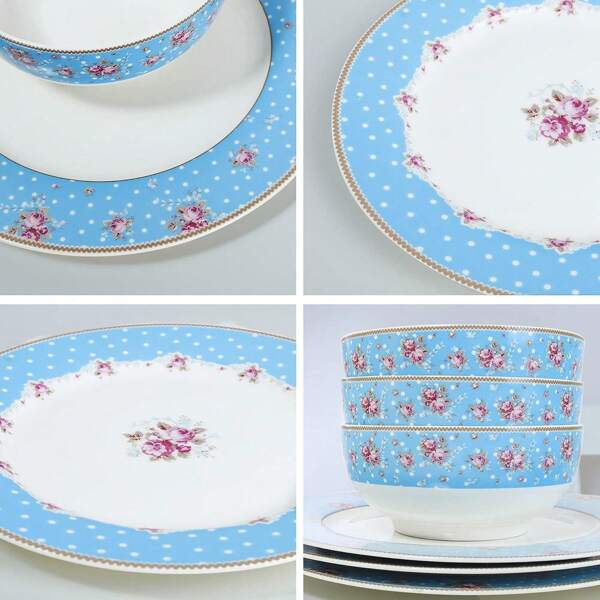 12 Pieces Dinnerware Set, Service for 4, Blue Porcelain Plates, Bowls ...