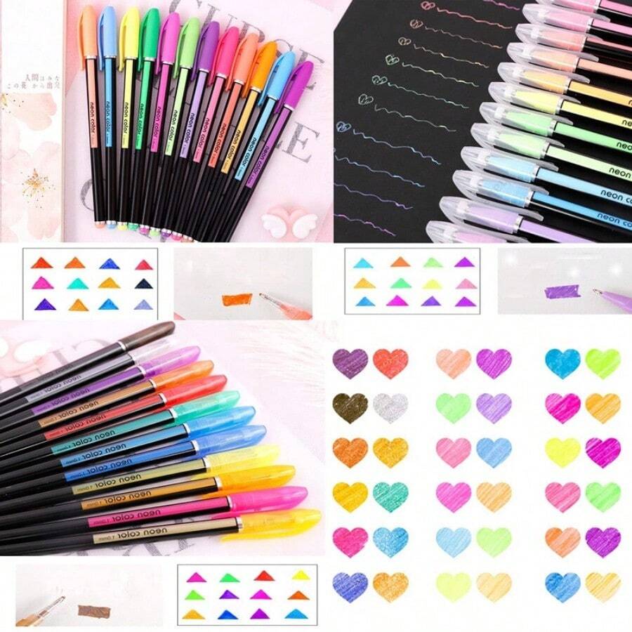 12 Pcs Metallic Glitter Highlighter Colors Gel Pens For School Office ...