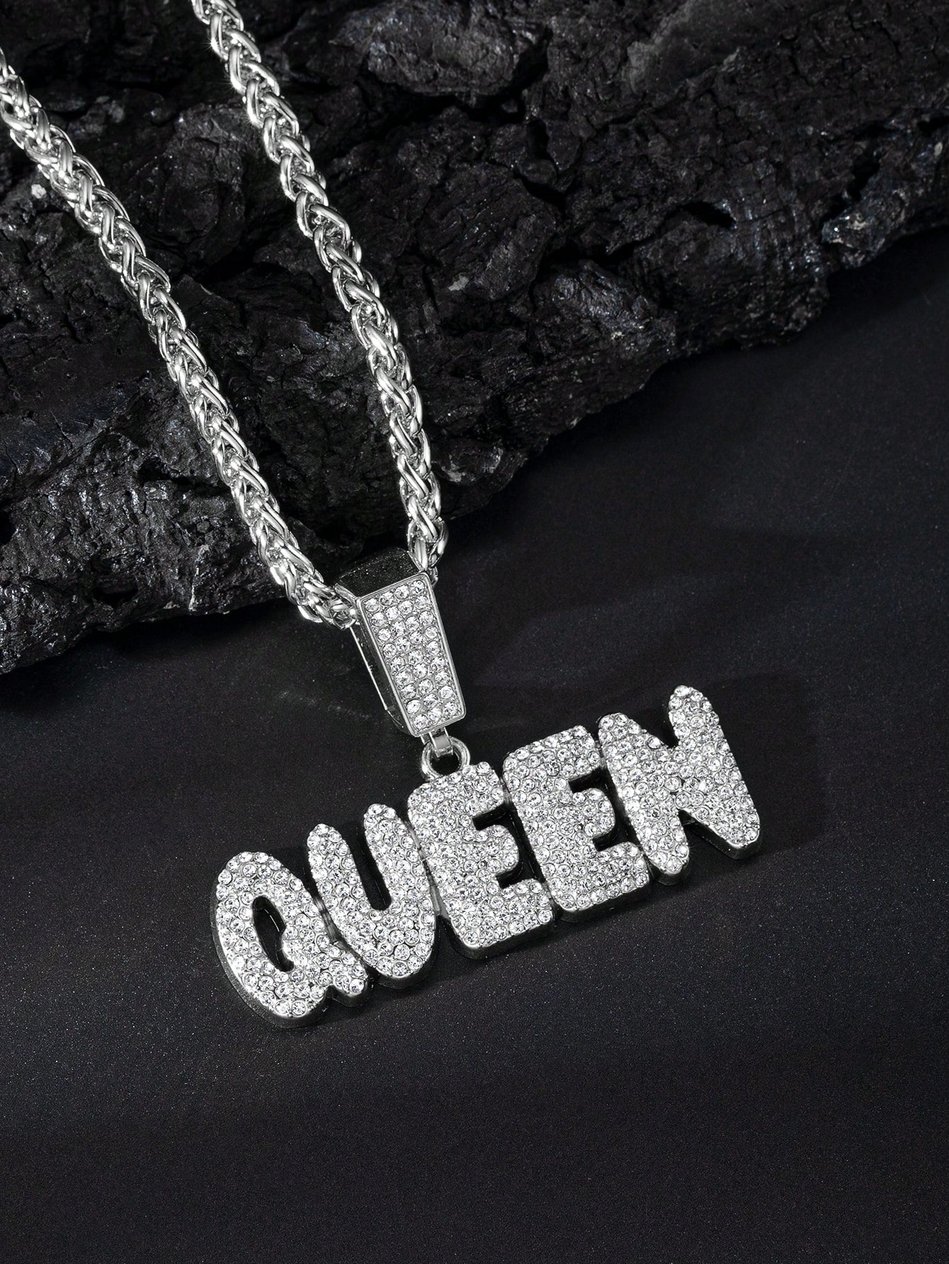 1pc Unisex Silver Full Rhinestone Queen Letter Pendant Chunky Link ...
