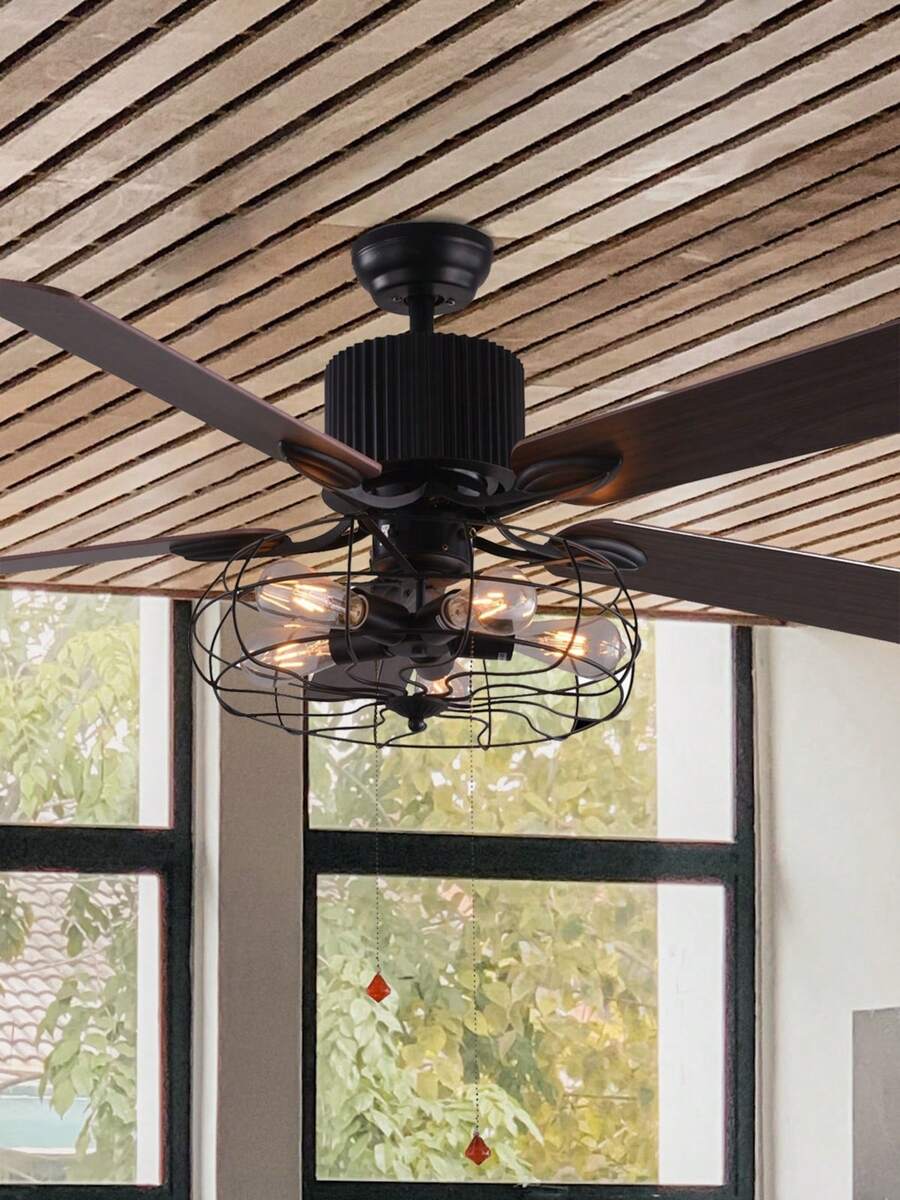 Oaks Aura Farmhouse Industrial 5-Light Black Cage Ceiling Fan with ...