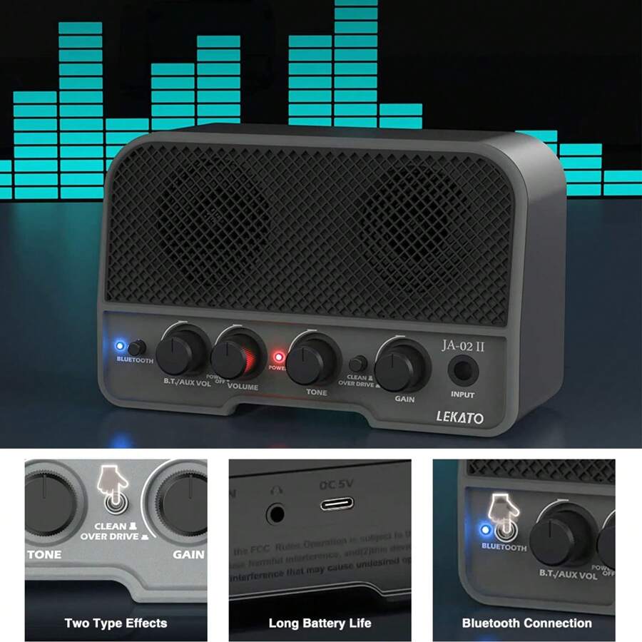 LEKATO Mini Guitar Amp, 5W Rechargeable Electric Guitar Amplifier, Clean&Overdrive Effects 2 ...
