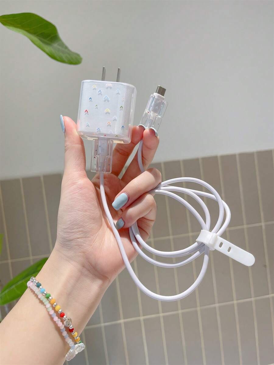 4pcs Transparent Tpu Painted Heart Design Charging Cable Protective ...